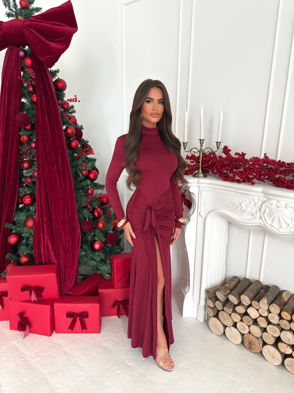 LUCIANA high neck long sleeve slit leg ruched maxi dress BURGUNDY – The ...
