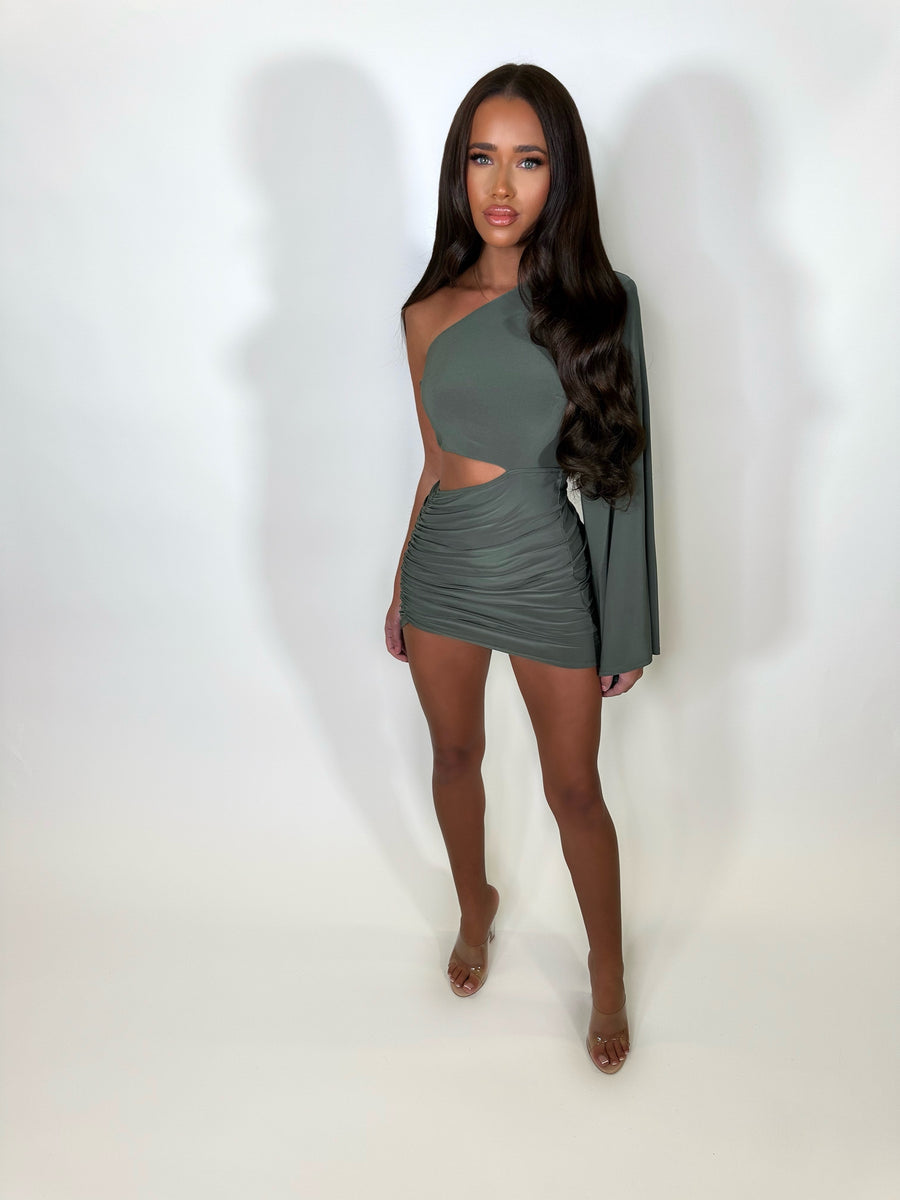 CORA one sleeve cut out cape dress KHAKI – The Label by Cezara